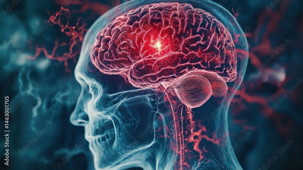 Transparent side profile of a human head showing the glowing brain with ...