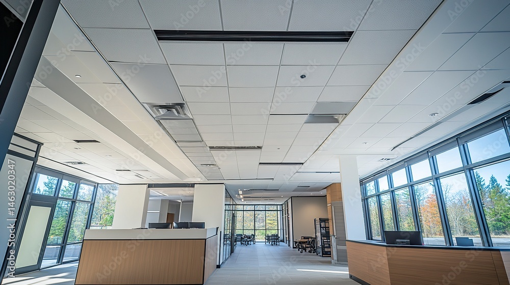 A partially installed suspended ceiling grid in a modern office ...