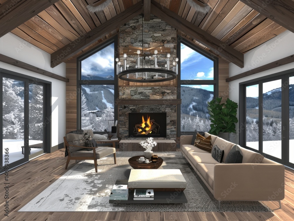 Stock-Illustration „Mountain modern cabin design with vaulted ceilings ...