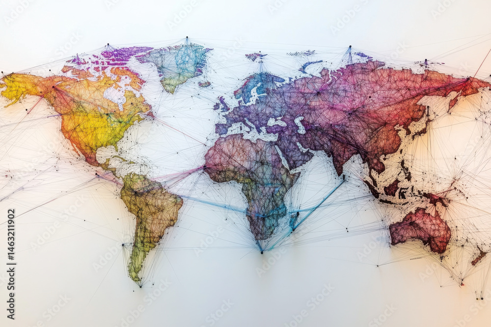 World map with interconnected lines and dots displaying global ...