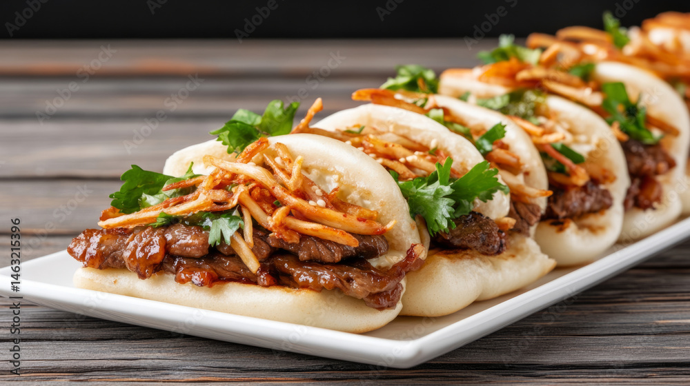 Gourmet korean brazilian bbq bao sliders on rustic table setting for ...