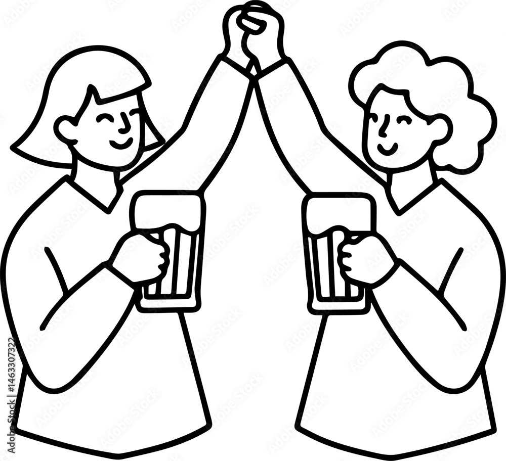 Best friends with beer outline vector illustration, line art Stock ...