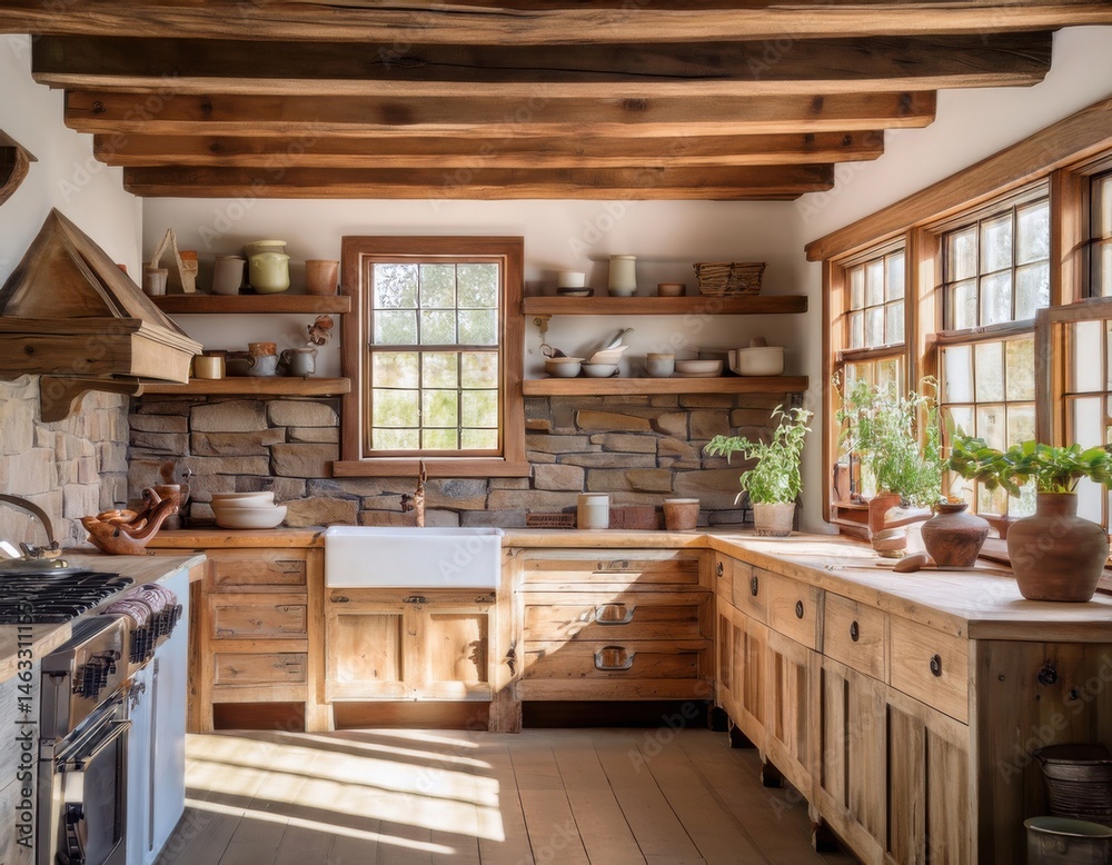 Rustic farmhouse kitchen with exposed wooden beams, open shelving with ceramic dishes, apron ...