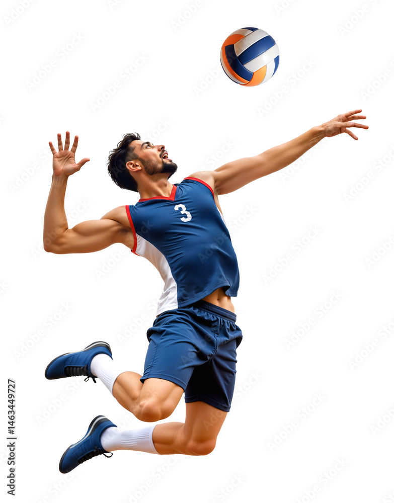 Male Volleyball player jumping high to spike a ball on isolated ...