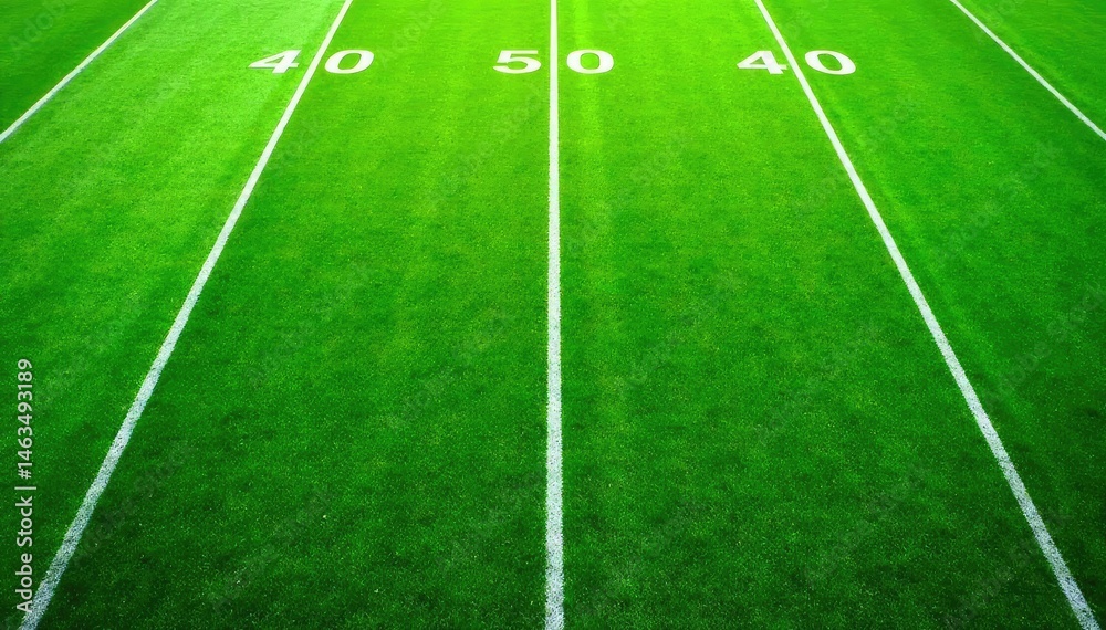 Green field with white yard lines, end zones visible, american football ...
