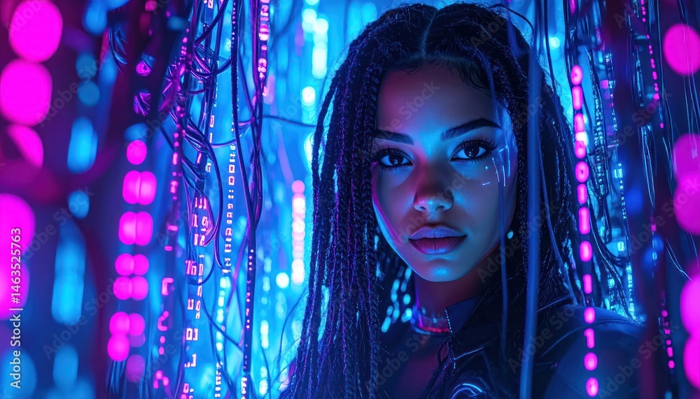 Cyberpunk Woman in Neon Digital Matrix with Glowing Code and Futuristic Tech Wires – AI Sci-Fi ...
