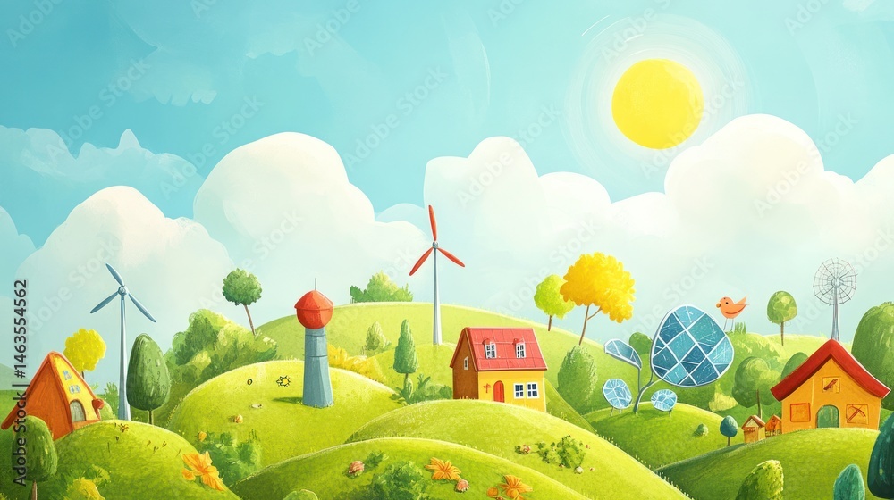 Colorful animated landscape featuring houses, wind turbines, and solar ...