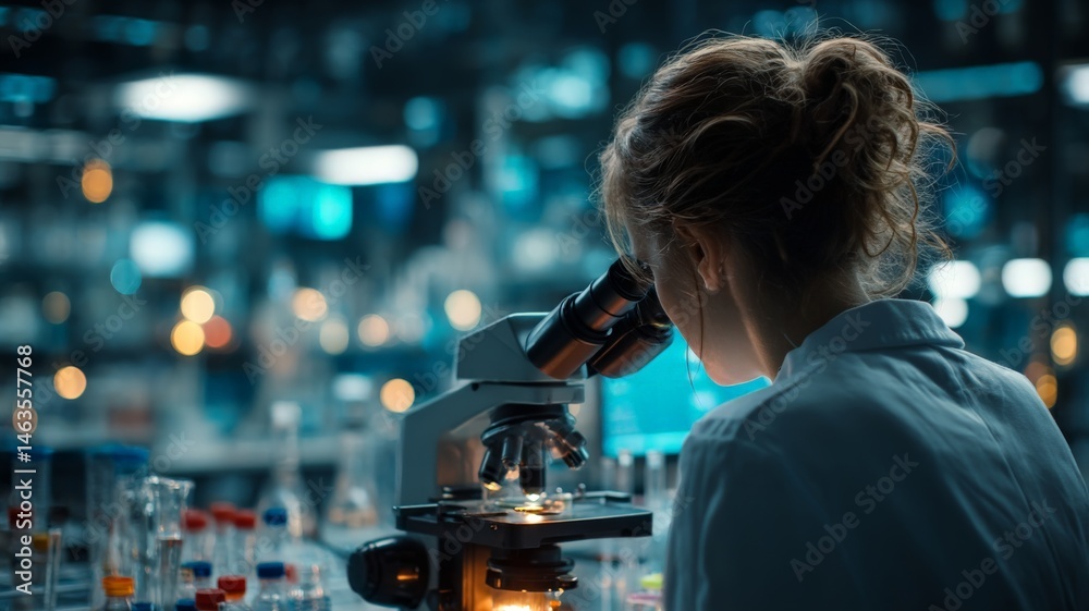 Female Scientist Looking at Biological Samples Under a Microscope in an ...