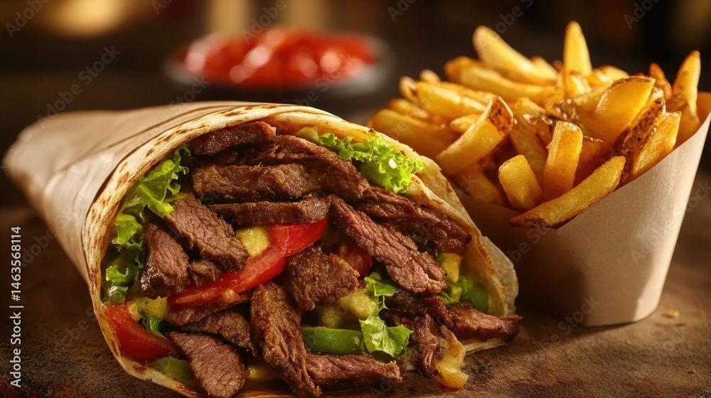 Shawarma wrap with toasted surface, filled with seasoned beef ...