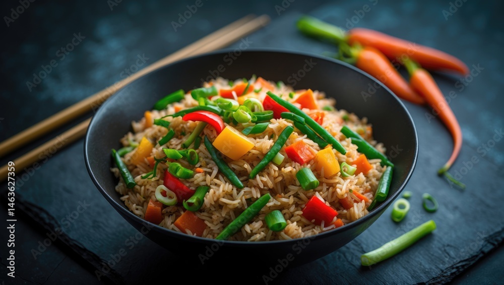 Indian-style Veg Schezwan Fried Rice with colorful vegetables on a dark ...