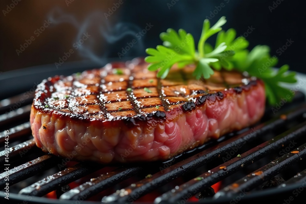 Perfectly seared steak, fat renders on grill grates, barbecue, fire ...
