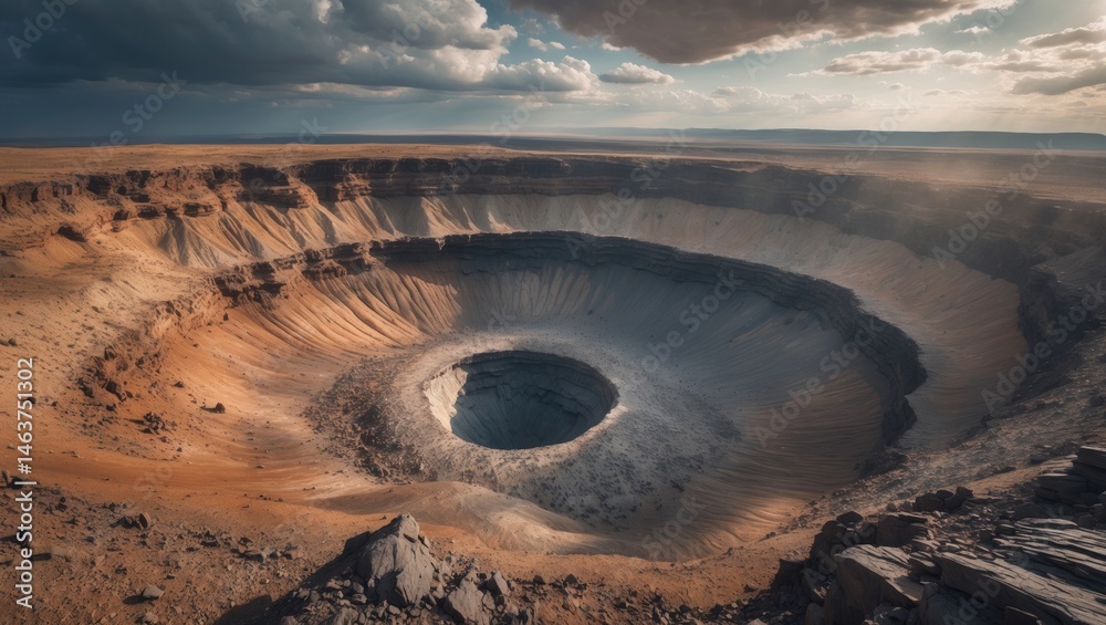 Meteorite collision creating a crater amidst mountain terrain and blue ...