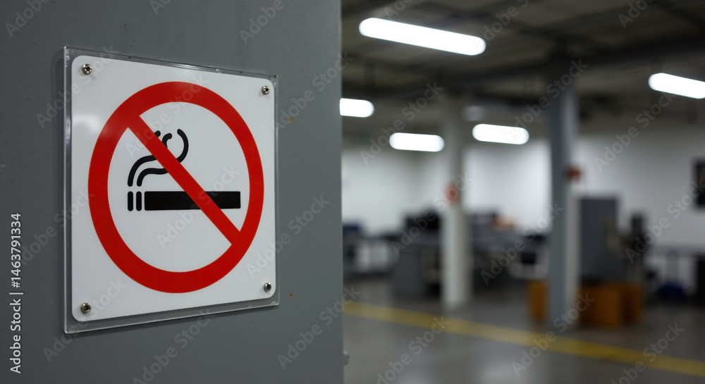 No smoking sign in industrial facility. White wall mounted prohibition ...