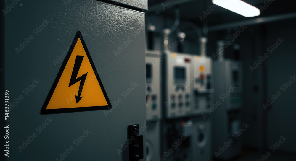 High voltage warning sign on electrical panel. Yellow triangular hazard ...