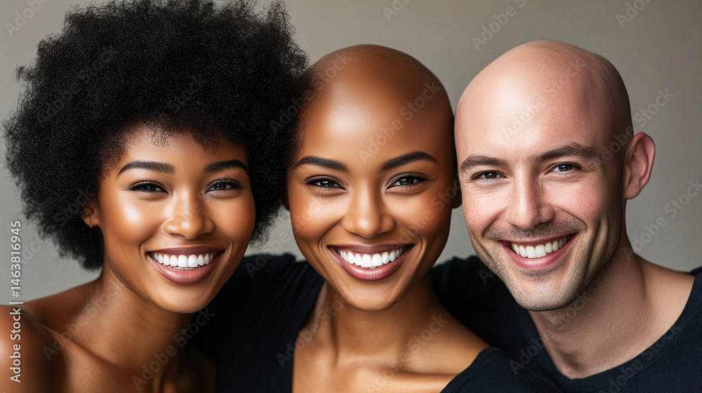 stockphoto, Three diverse models smiling, one with an afro and two bald ...