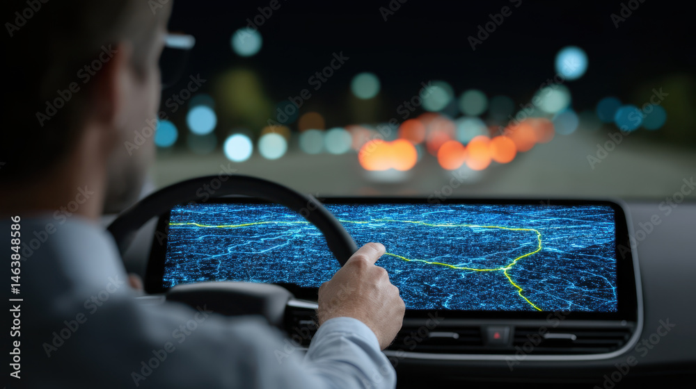 Driver navigating night, focused digital map display showing route ...