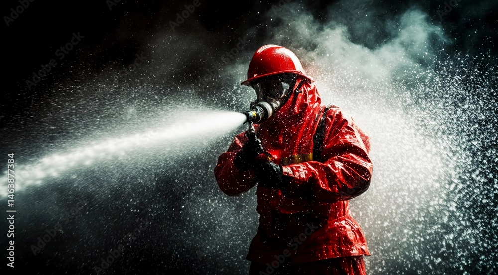 Firefighter fighting fire with a water spray in a dark room. Fire ...