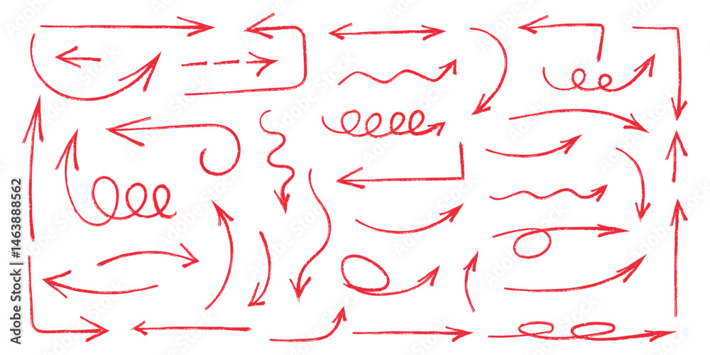 Crayon squiggly red arrow set in flat style. Hand drawn chalk elements ...