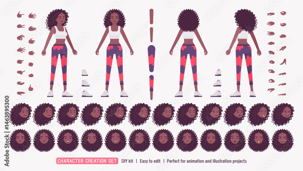 Sporty African American woman curly afro DIY character creation set ...
