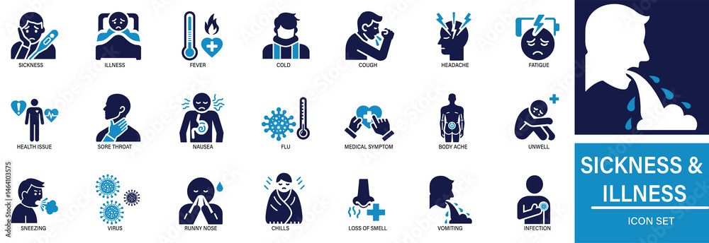 icons set showing symptoms of sickness, illness, and common health ...