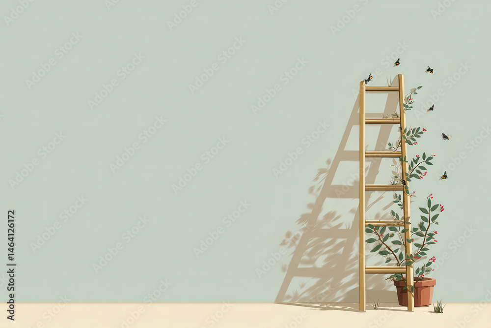 Simple ladder with plant and bird against wall represents growth ...