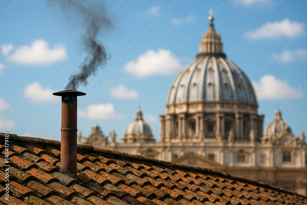 Black smoke rising from chimney on Vatican rooftop. Papal conclave. No new pope elected Stock ...