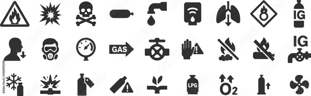 Gas safety glyph icon set. Vector pictograms of flammable, toxic ...