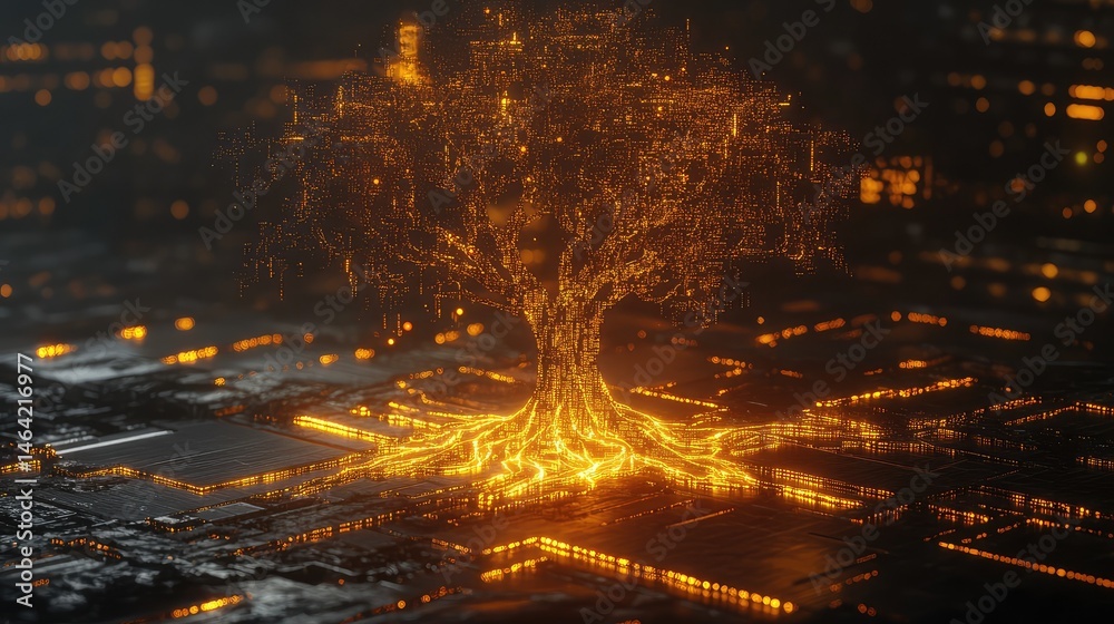 Machine learning concept shown as a glowing algorithm tree rooted in code blocks Stock Photo ...