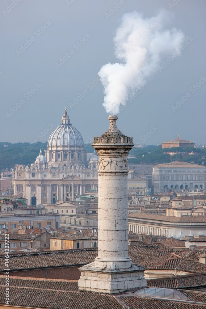 White smoke rising from chimney during papal conclave with St. Peter's ...