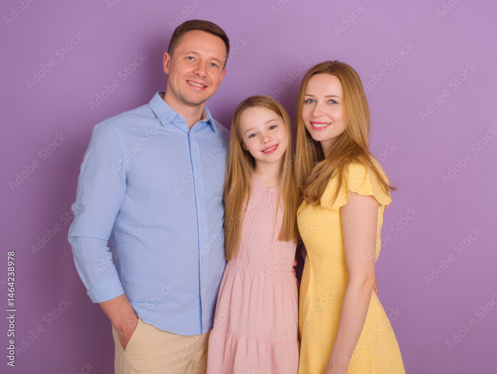 Family portrait with man in blue shirt, woman in yellow dress and ...