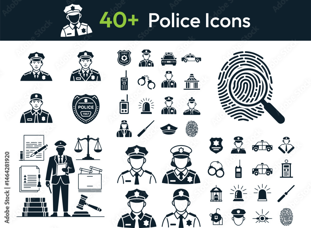 Police and Law Enforcement Icons – Black and White Vector Symbols for ...