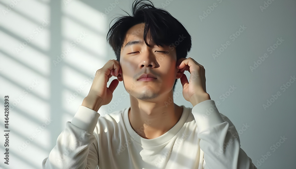 Neurodivergent autistic asian young man covering ears, autism spectrum ...