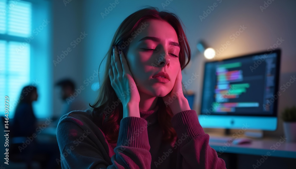 Neurodivergent caucasian woman covering ears at office working space ...