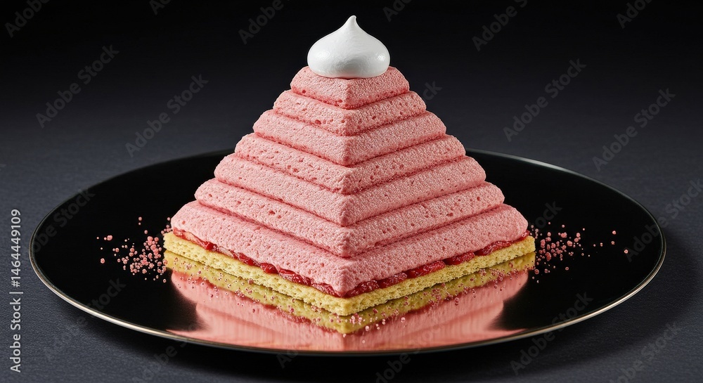 Pyramid dessert made of strawberry mousse and meringue on a mirrored ...