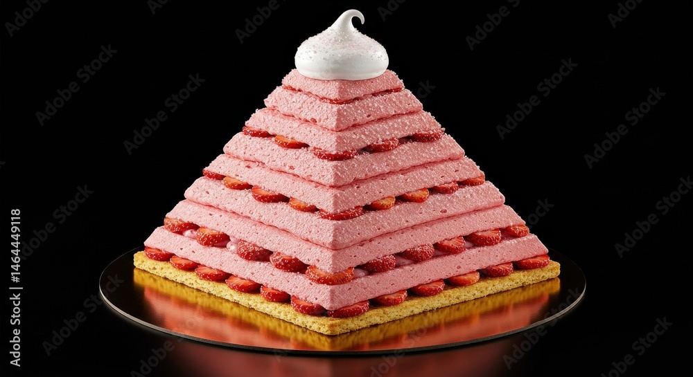 Pyramid dessert made of strawberry mousse and meringue on a mirrored ...