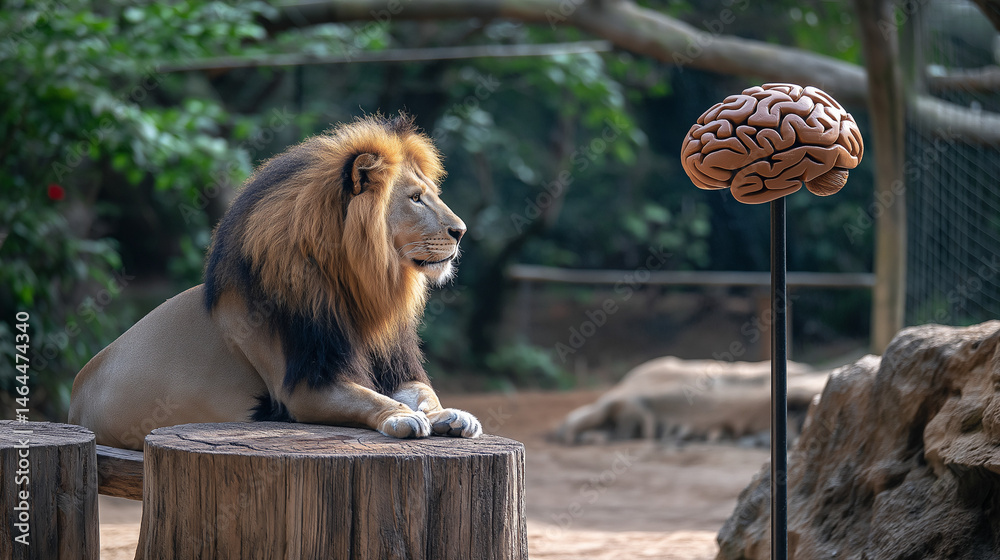 Lion in a zoo enclosure with a brain model, symbolizing research on ...