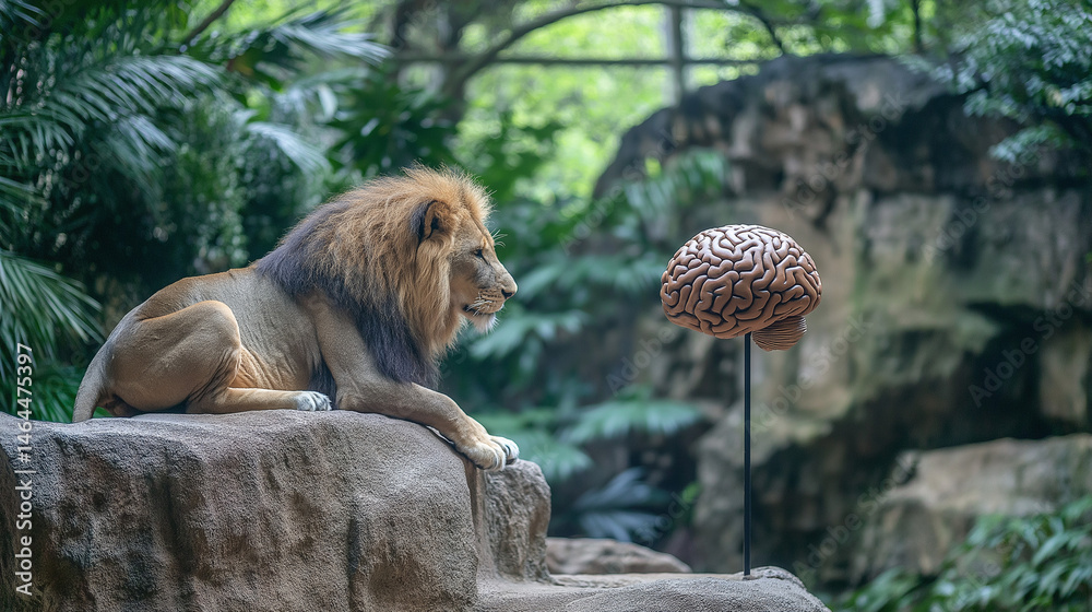 Lion in a zoo enclosure with a brain model, symbolizing research on ...