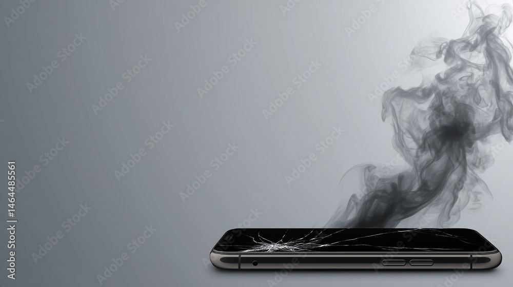 ภาพถ่าย Stock Broken smartphone screen with dark smoke coming out ...