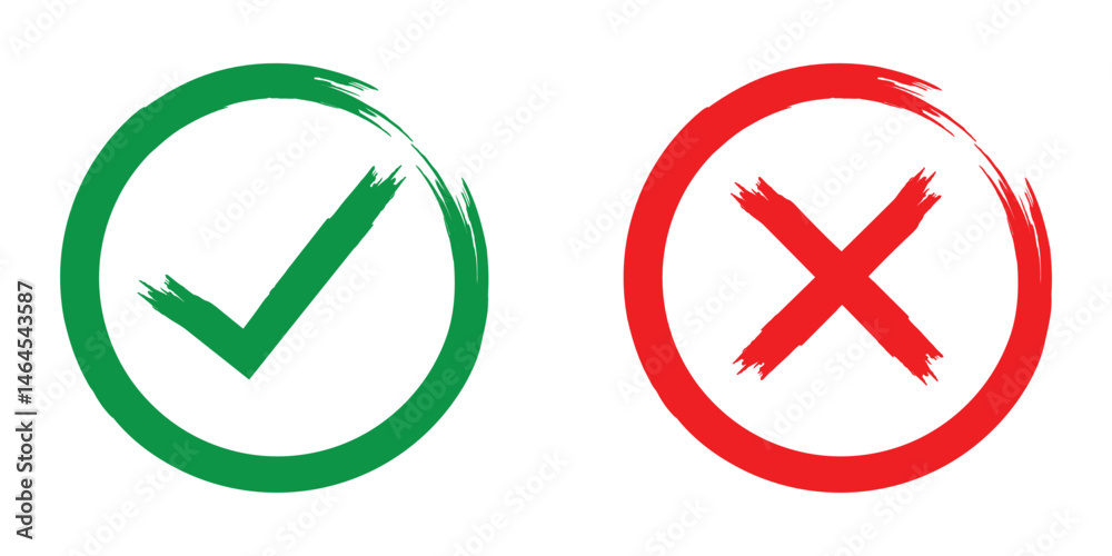 Grunge brush stroke checkboxes with tick and cross symbols. A hand ...