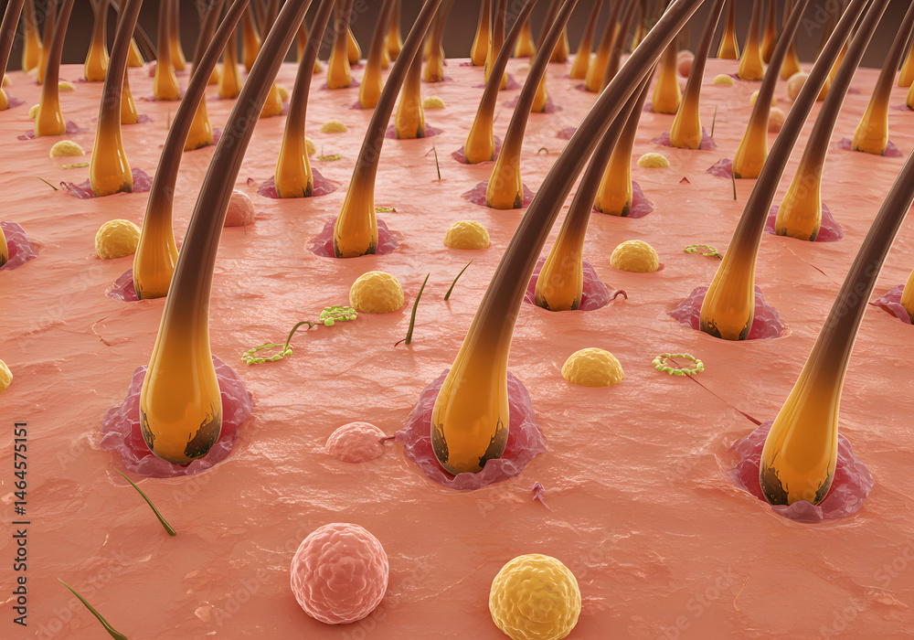 Microscopic View of Human Scalp Skin Hair Follicles and Sebaceous ...