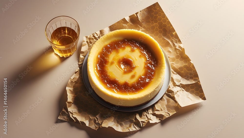 Freshly baked San Sebastian cheesecake, served on a crumpled, golden ...