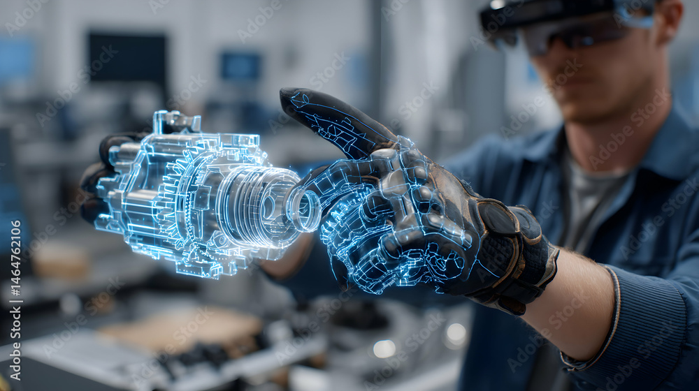 Augmented reality engineer visualizing complex machine components with ...