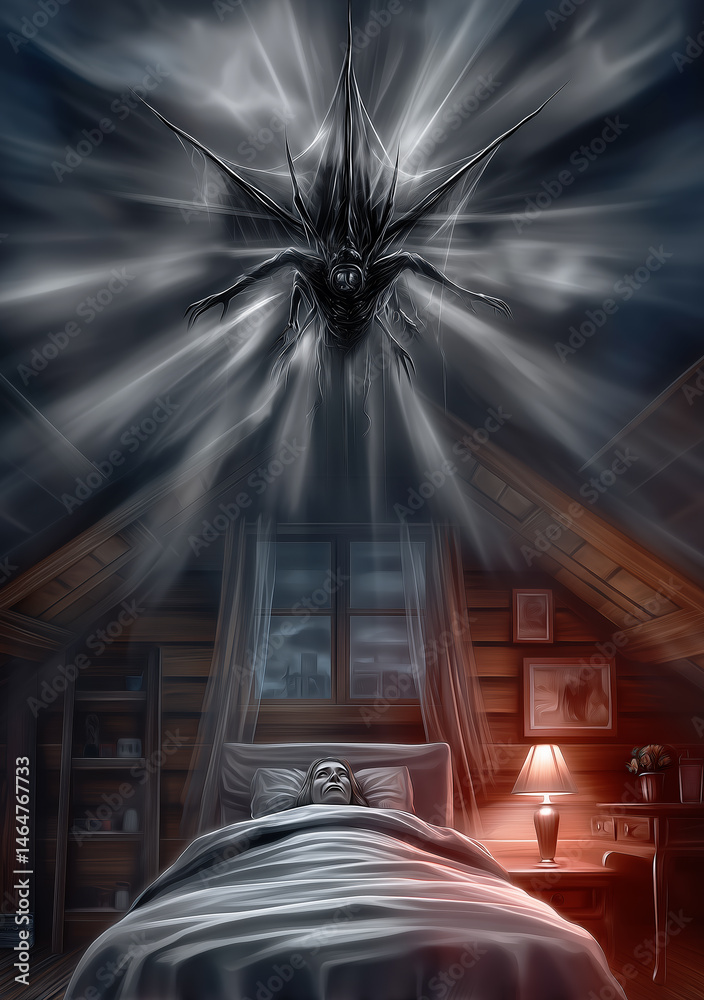 Terrified person in bed confronted by a monstrous shadow creature in a ...