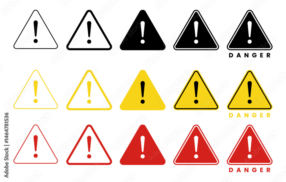 Set of danger triangle vector icon on isolated transparent background ...