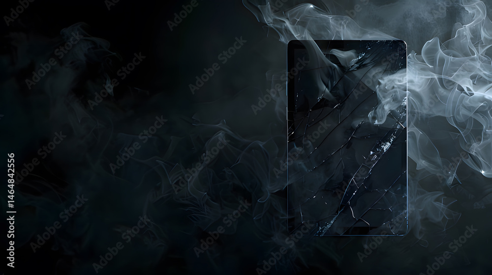 Broken smartphone screen with dark smoke coming out, representing ...