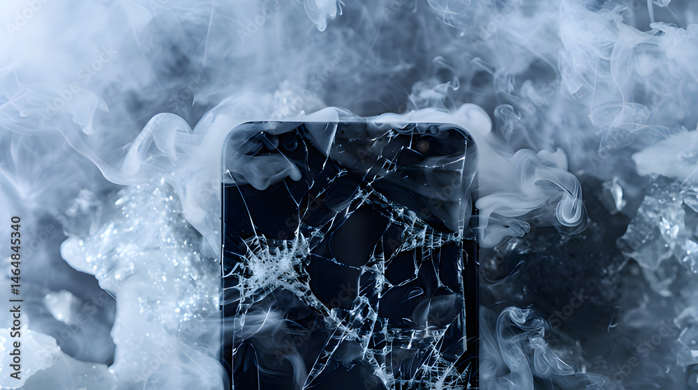 Broken smartphone screen with dark smoke coming out, representing ...