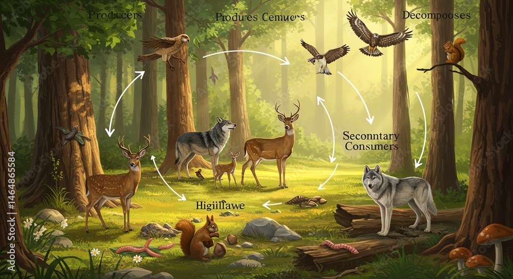 Forest Food Web Cycle Diagram with Animals and Plants Stock ...