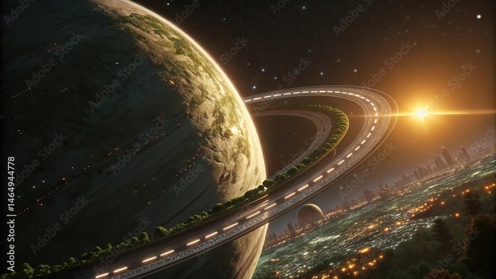 Colossal ring-shaped space habitat spinning slowly in orbit with ...