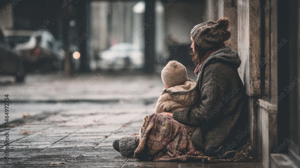 Homeless mother and child sitting on city street in winter cold seeking ...