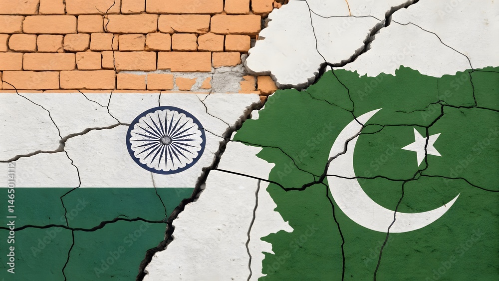 India Pakistan Flags Broken Wall Depicts Division Conflict Tensions ...